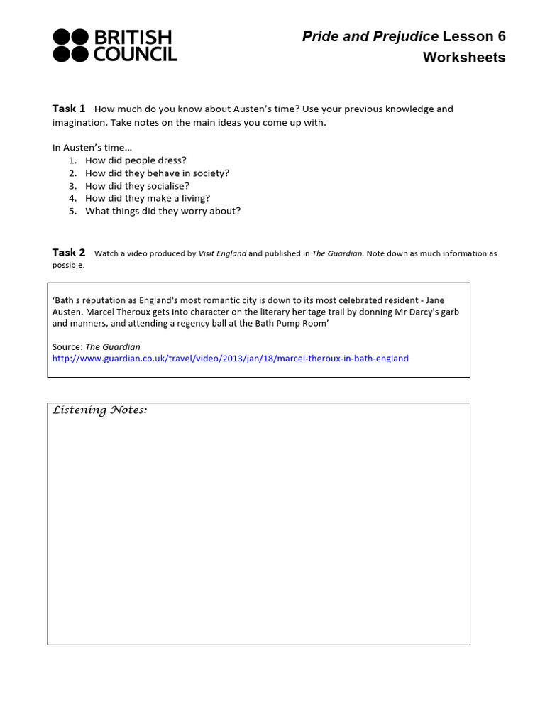 Pride and Prejudice Lesson 6 Worksheet | PDF | Pride And Prejudice | Mr ...