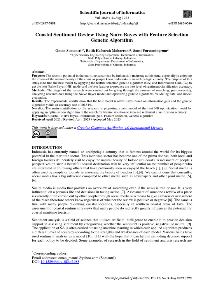 Coastal Sentiment Review Using Naïve Bayes With Feature Selection Genetic Algorithm Download