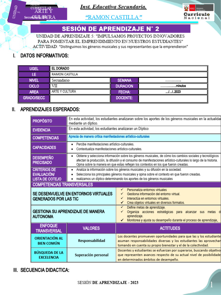 Sesion de Aprendizaje de Arte Valoramos Nuestra Musica | PDF | Aprendizaje | Evaluación