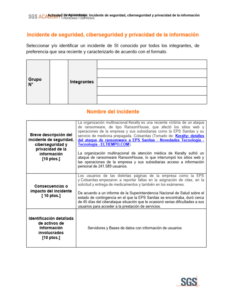Actividad de Aprendizaje: Incidente de Seguridad, Ciberseguridad y Privacidad de La Información ...