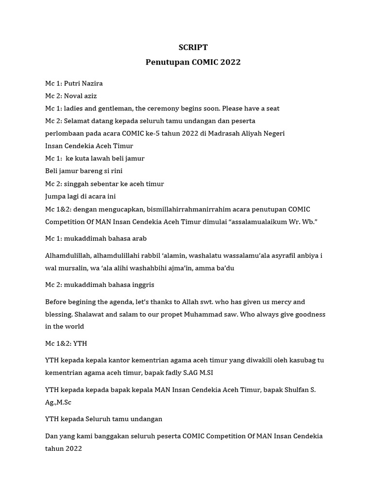 Script MC Penutupan COMIC 2022 | PDF