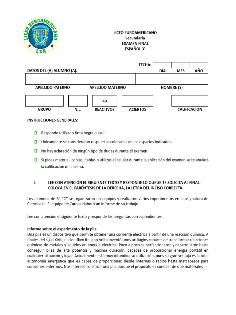 EXAMEN Final ESPAÑOL 3° | PDF | Cobre | Oración (Lingüística)