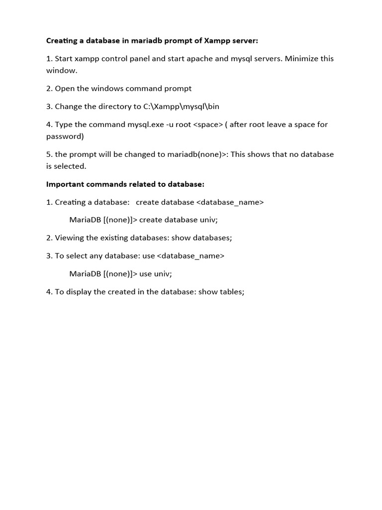 Creating A Database In Mariadb Prompt Of Xampp Server Pdf Software Development Computer