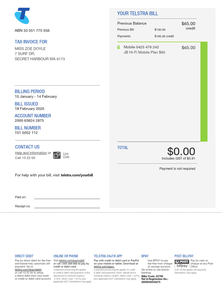 Tax Invoice For: Your Telstra Bill | PDF | Debit Card | Payments