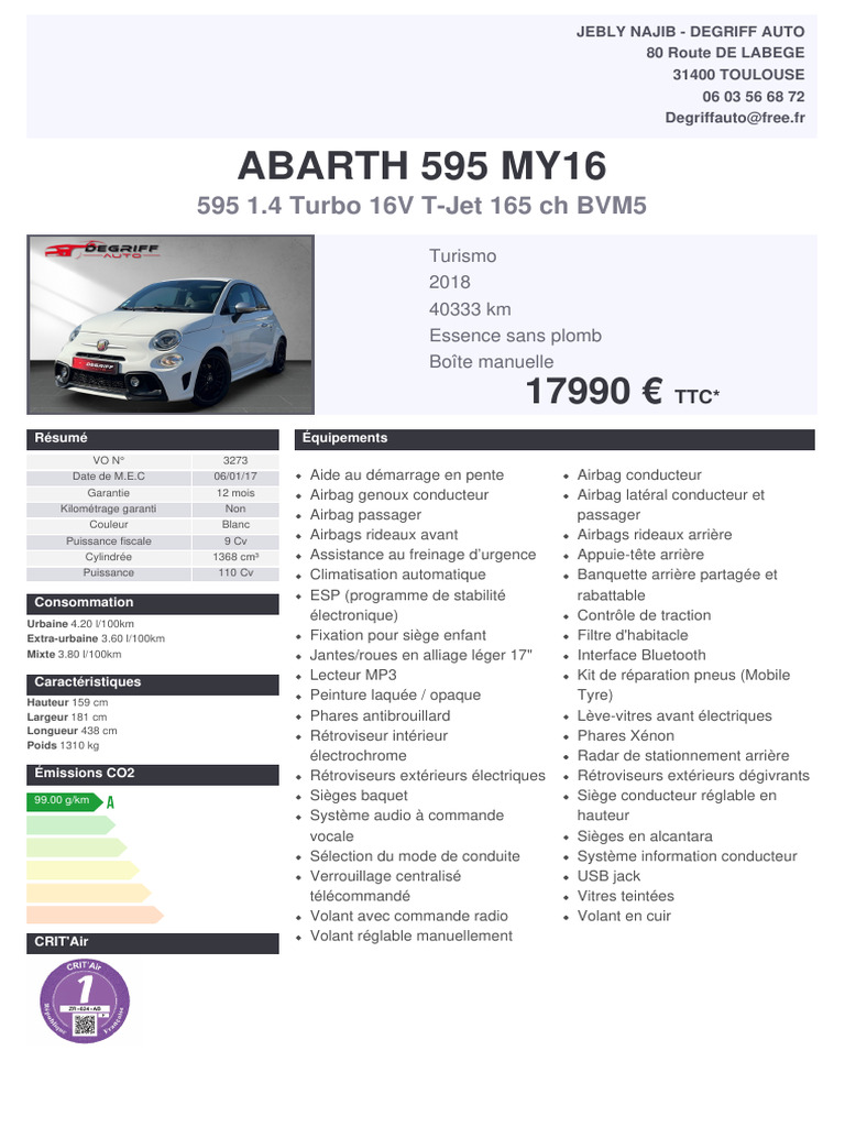 Fiche Véhicule Abarth | PDF | Introduction de produits | Véhicules ...