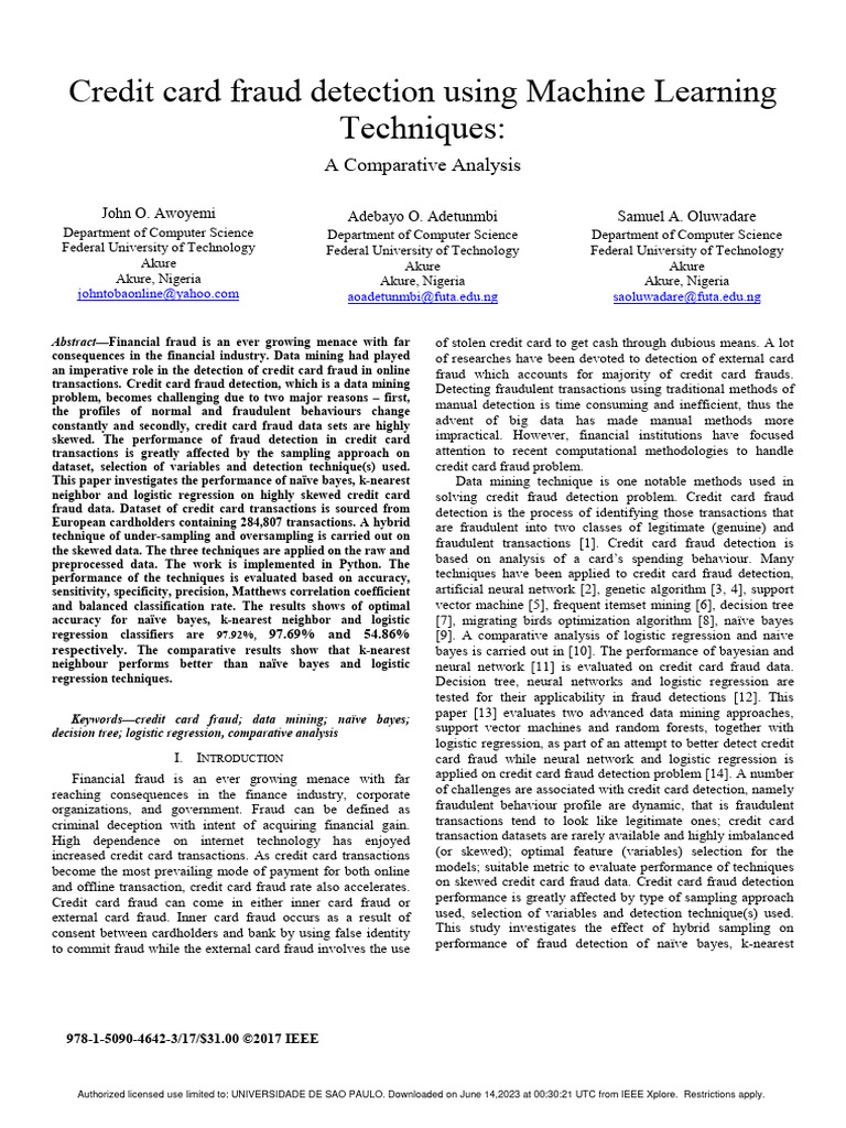 Credit Card Fraud Detection Using Machine Learning Techniques A Comparative Analysis | PDF ...