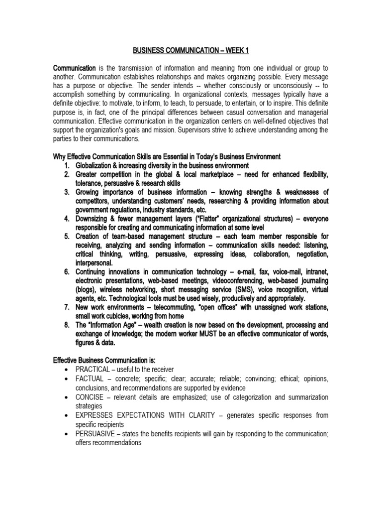 BUSINESS COMMUNICATION Week 1 Notes | PDF | Communication | Nonverbal ...