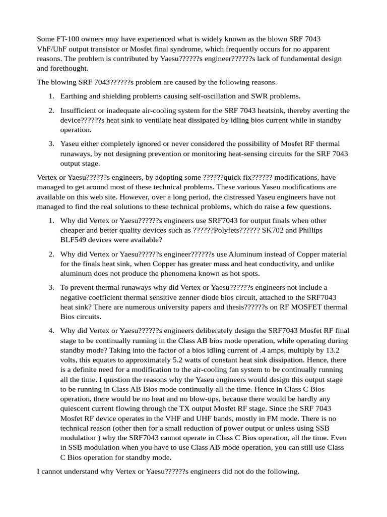 Yaesu FT-100 SRF 7043 Replacement | PDF | Mosfet | Electricity