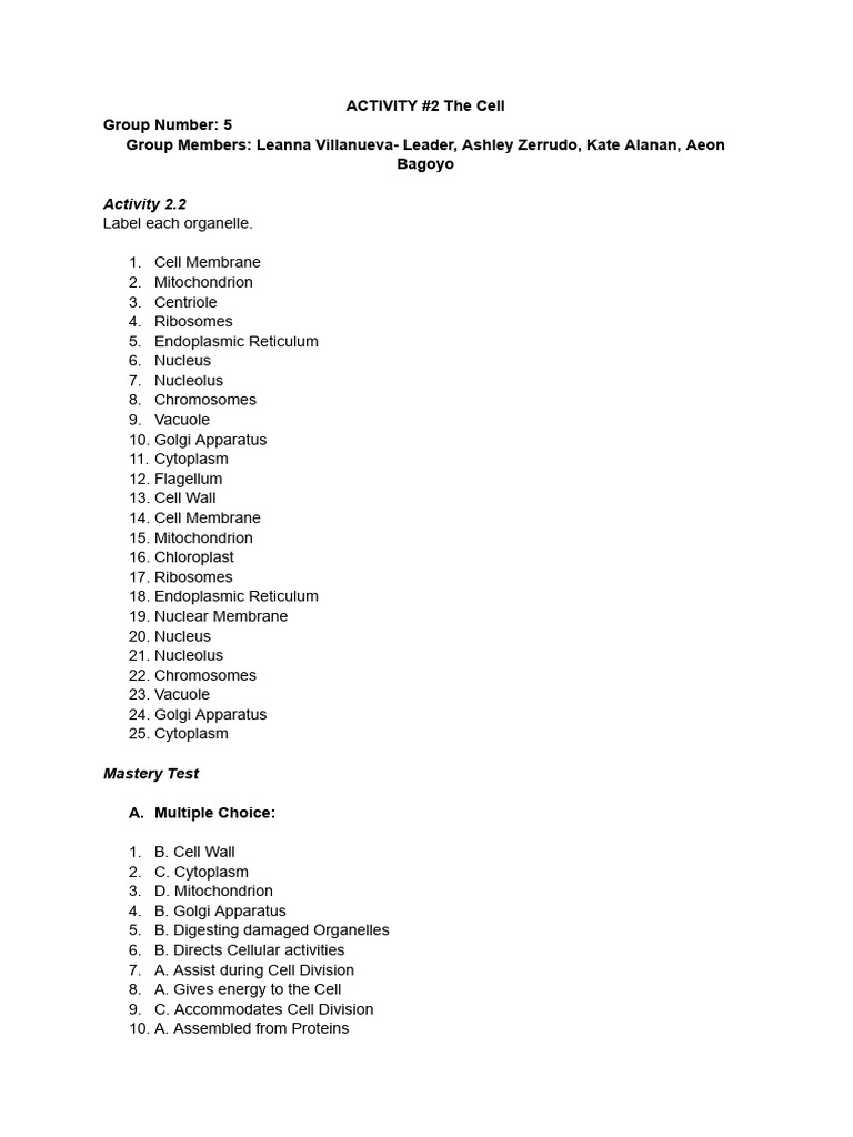 BIO GROUP 5 (Activity#2 The Cell) | PDF | Cell (Biology) | Cell Nucleus