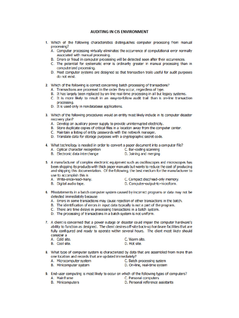 (Quiz) AUDITING-IN-CIS-ENVIRONMENT | PDF (Quiz) AUDITING-IN-CIS-ENVIRONMENT | PDF