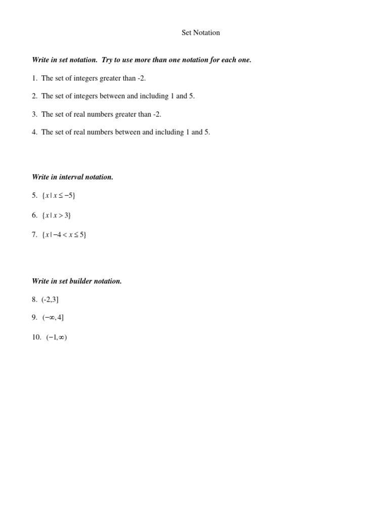 Set and Interval Notation Practice | PDF | Teaching Methods & Materials