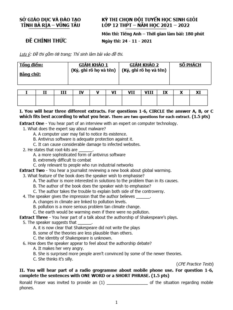 Chon Doi Tuyen QG Anh 12 (21-22) - TEST 1 | PDF | Sleep | Impact Crater
