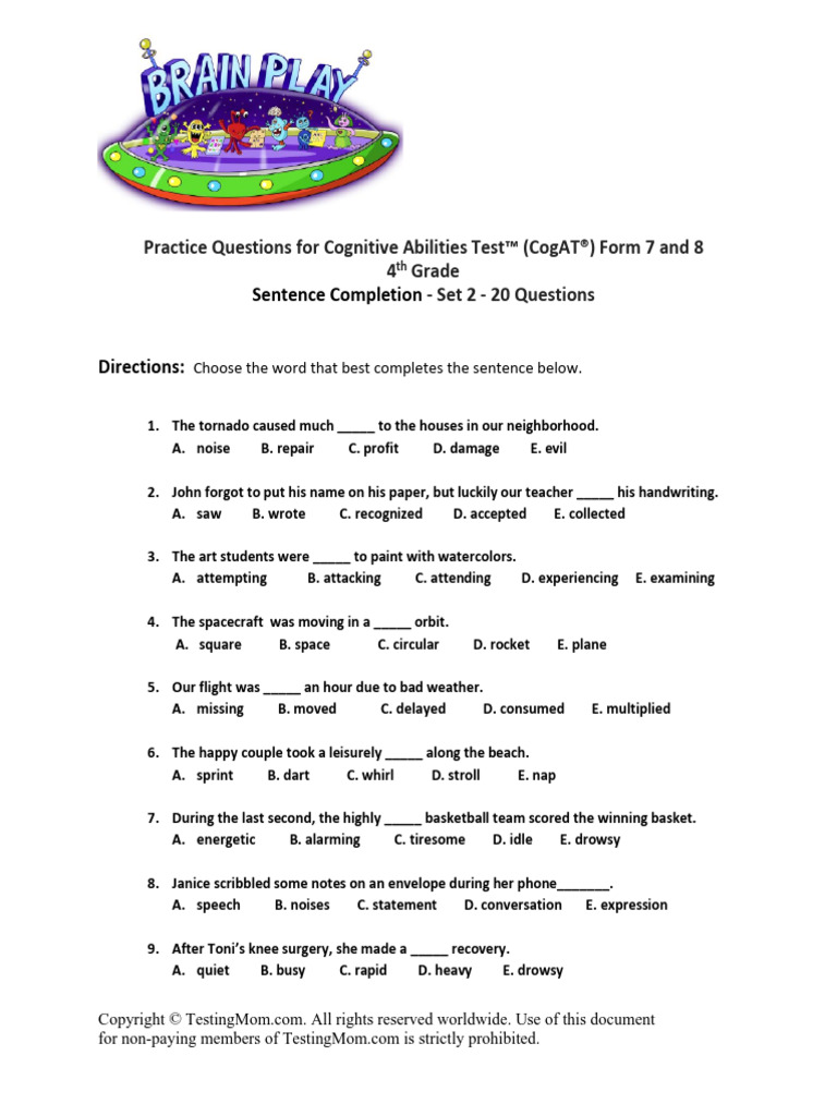 CogAT Sentence Completion 4th Grade Set 2 Testing Mom PDF