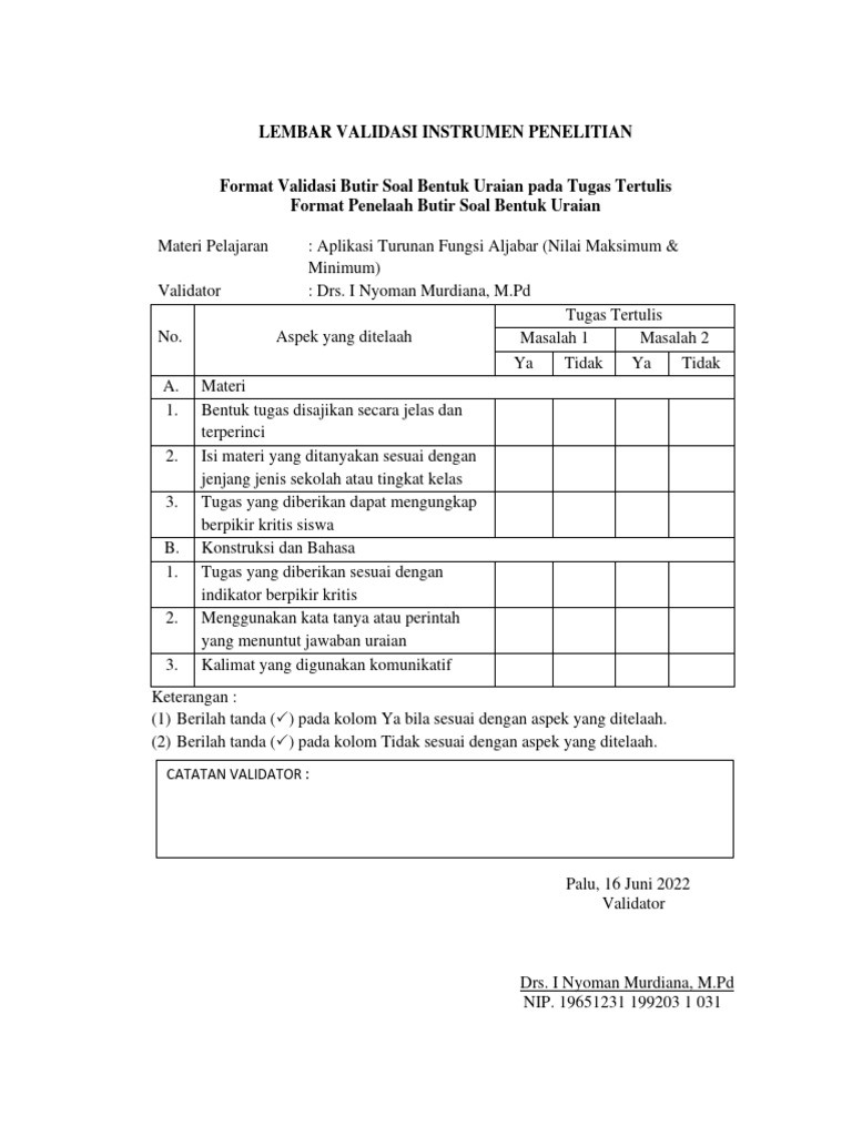 Lembar Validasi Instrumen Penelitian | PDF