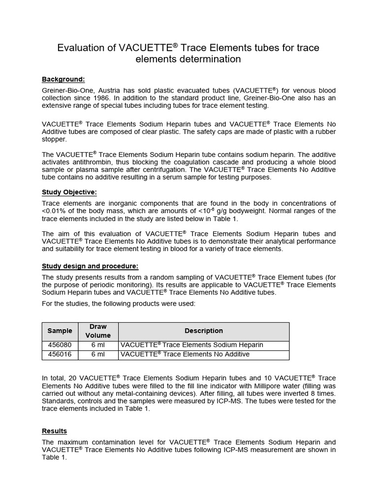 VACUETTE® Tubes for Trace Element Testing | PDF | Blood Plasma | Medicine