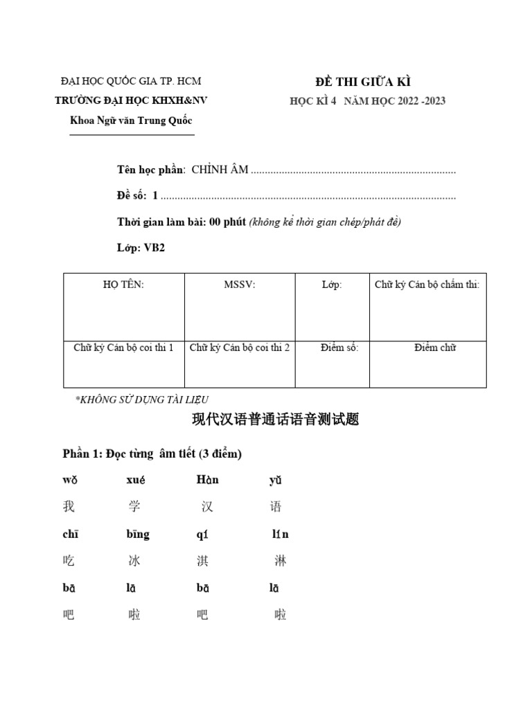 Demo Đề thi GIỮA KÌ Chỉnh âm VB2 | PDF