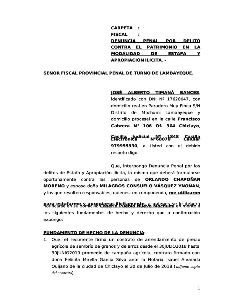 Modelo de Denuncia Penal Por Estafa y Apropiacion Ilicita | PDF