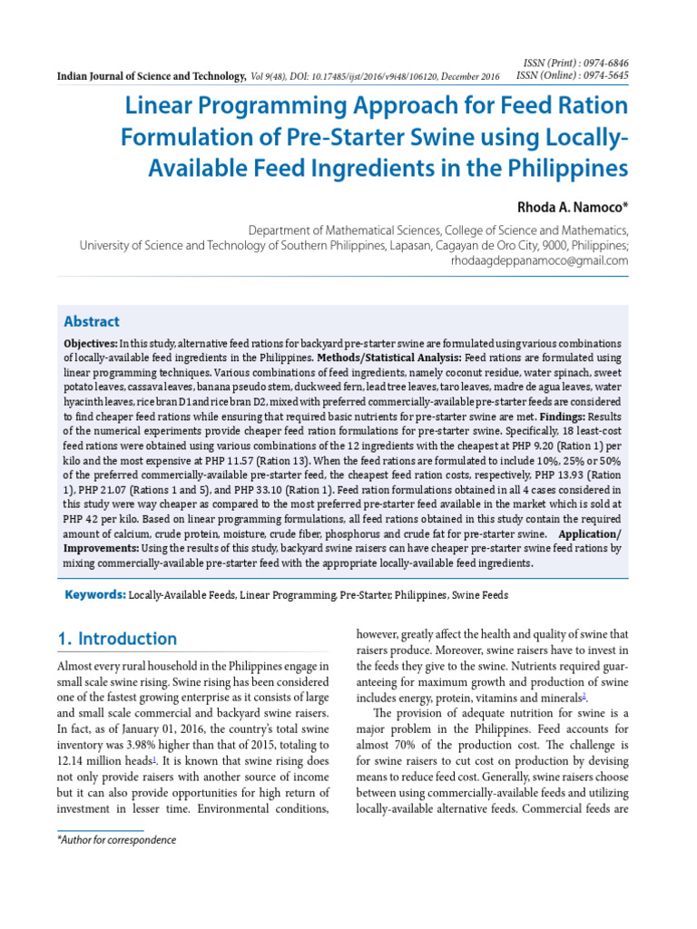 Linear Programming Approach For Feed Ration Formulation of Pre Starter Swine Using Locally ...