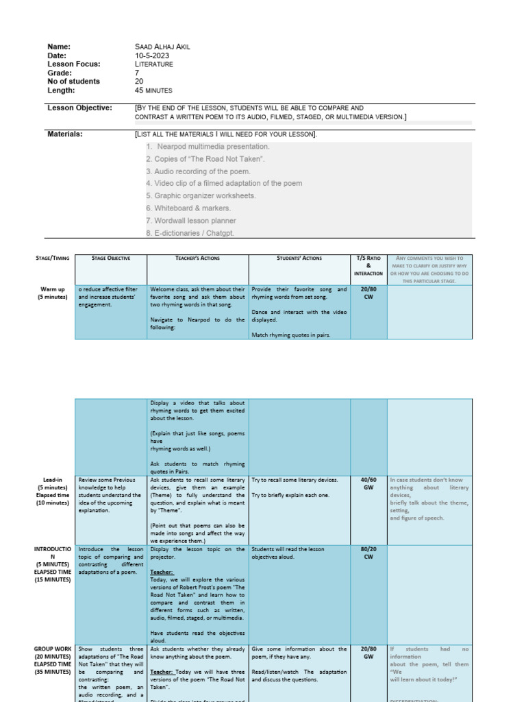 Lesson Plan | PDF | Multimedia | Poetry