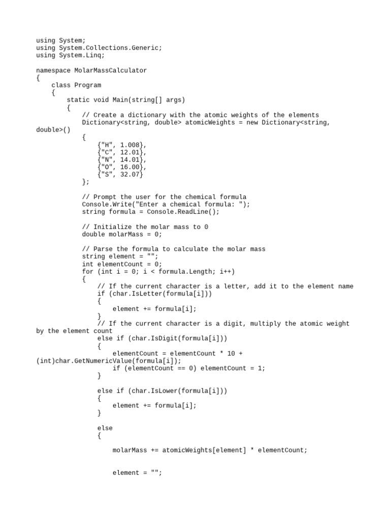 Molar Mass Code C# | PDF | Mole (Unit) | Computing