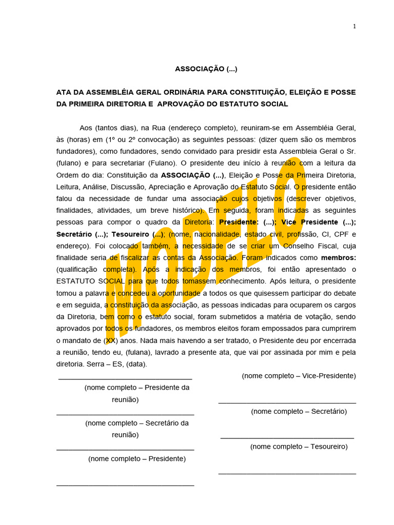 MODELO ATA DE CONSTITUIÇÃO ASSOCIAÇÃO OK RCPJ | PDF | Assembleia Geral ...