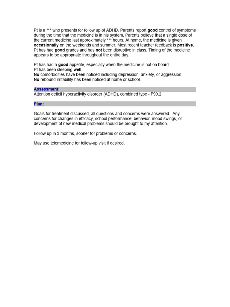 ADHD Follow-Up Assessment and Plan | PDF | Self-Improvement | Wellness