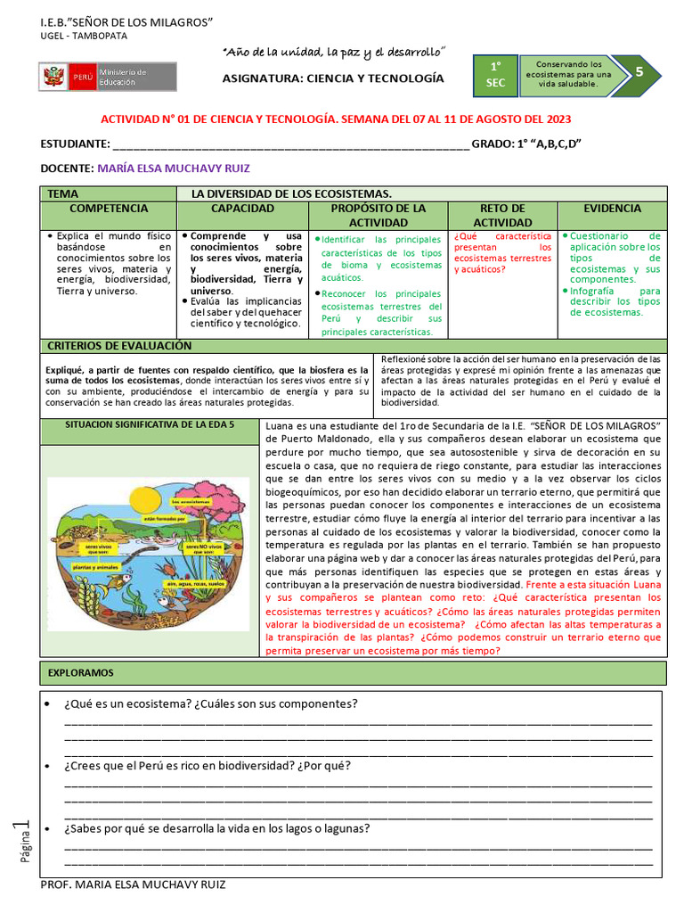 1° SEC. EDA 5 SEMANA 1 Explica CYT 2023 La Diversidad de Los Ecosistemas | PDF | Ecosistema | Agua