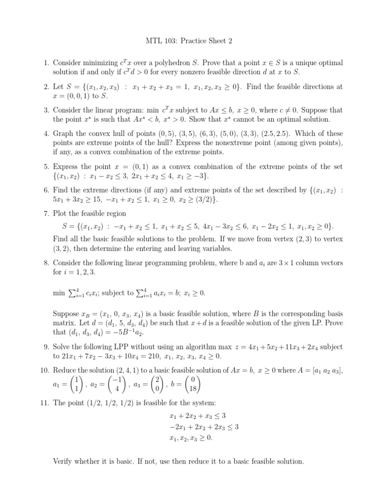 MTL103 Practice Sheet 2 | Download Free PDF | Linear Programming | Computational Science