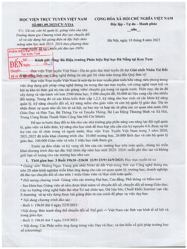 001.09.2023.CV-VOA 18.8.2023 cử CBGV tham gia chương trình đào tạo chuyển đổi | PDF