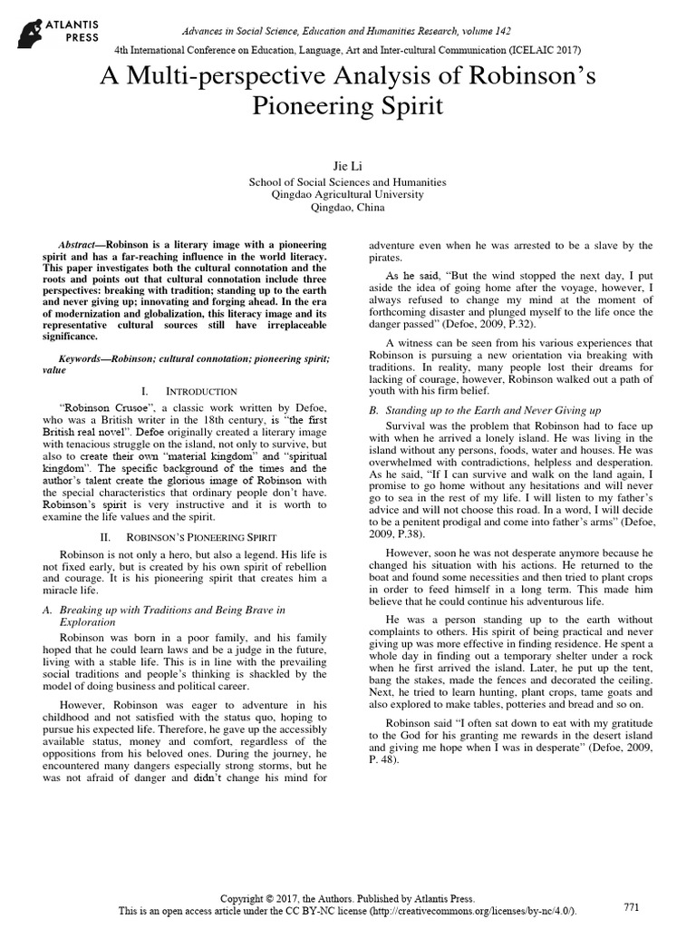 A Multi-Perspective Analysis of Robinson's Pioneering Spirit | PDF | Robinson Crusoe | Daniel Defoe