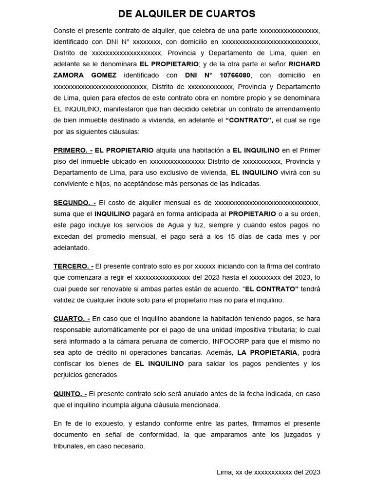 Modelo de Contrato de Alquiler de Cuarto | PDF | Lima