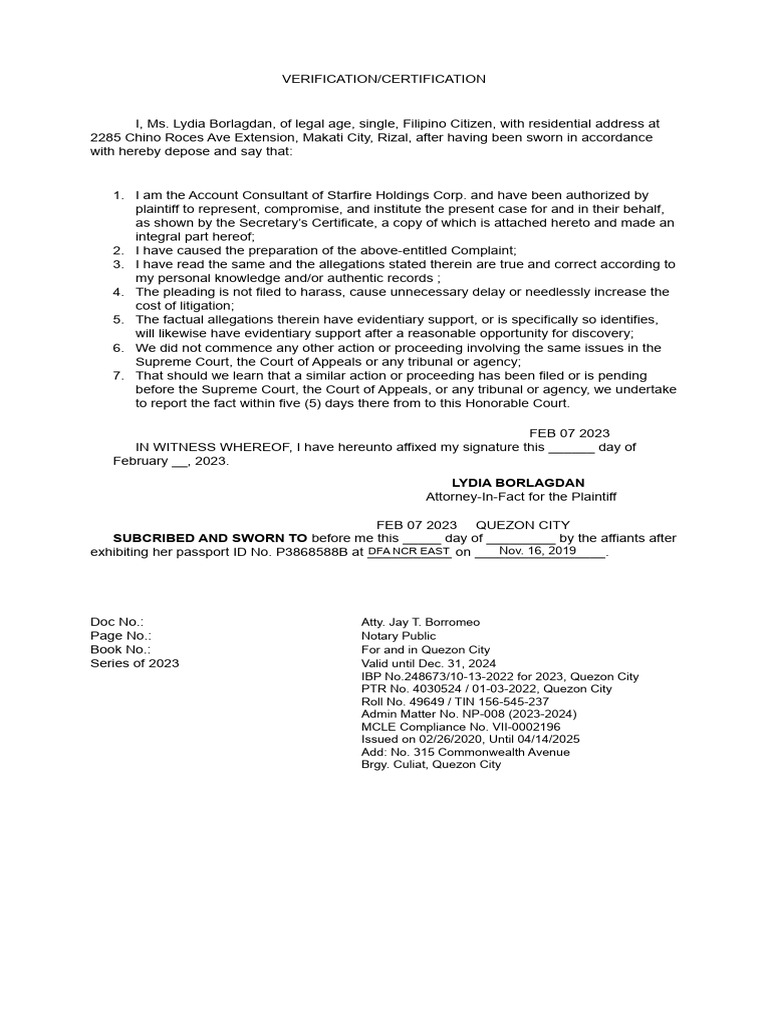 Verification of Complaint by Lydia Borlagdan | PDF | Government | Legal ...