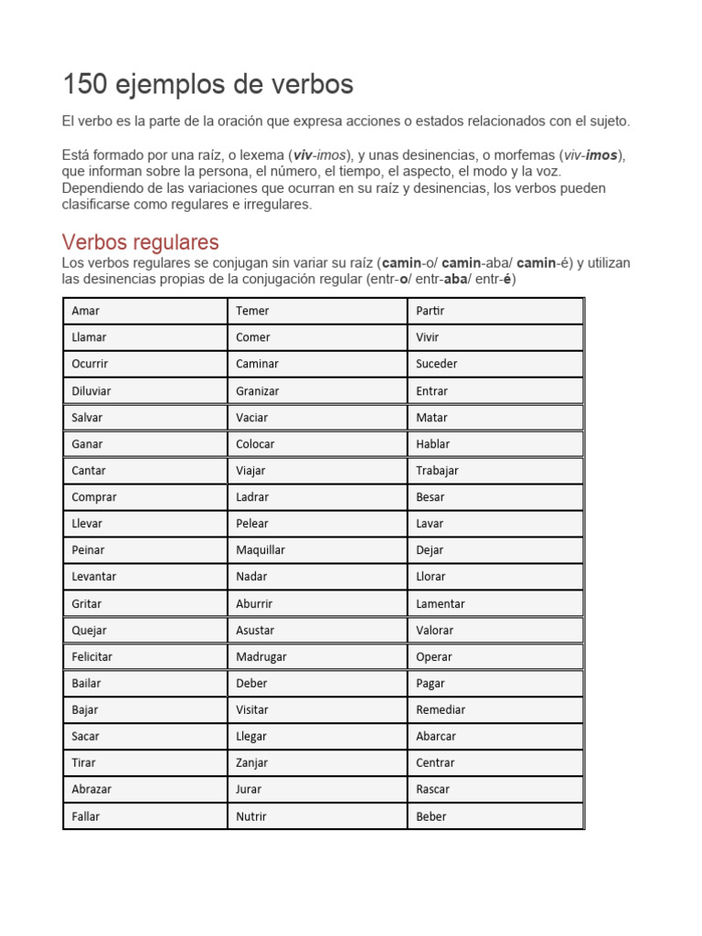 150 Ejemplos De Verbos Pdf Verbo Gramática