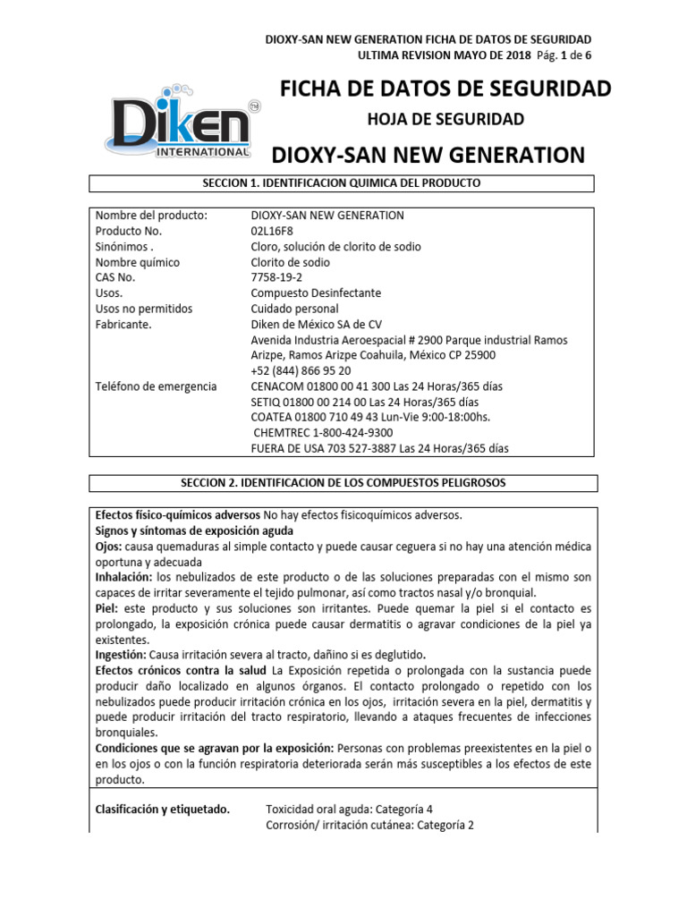 Ficha de Seguridad DIOXY-SAN | PDF | Agua | Naturaleza