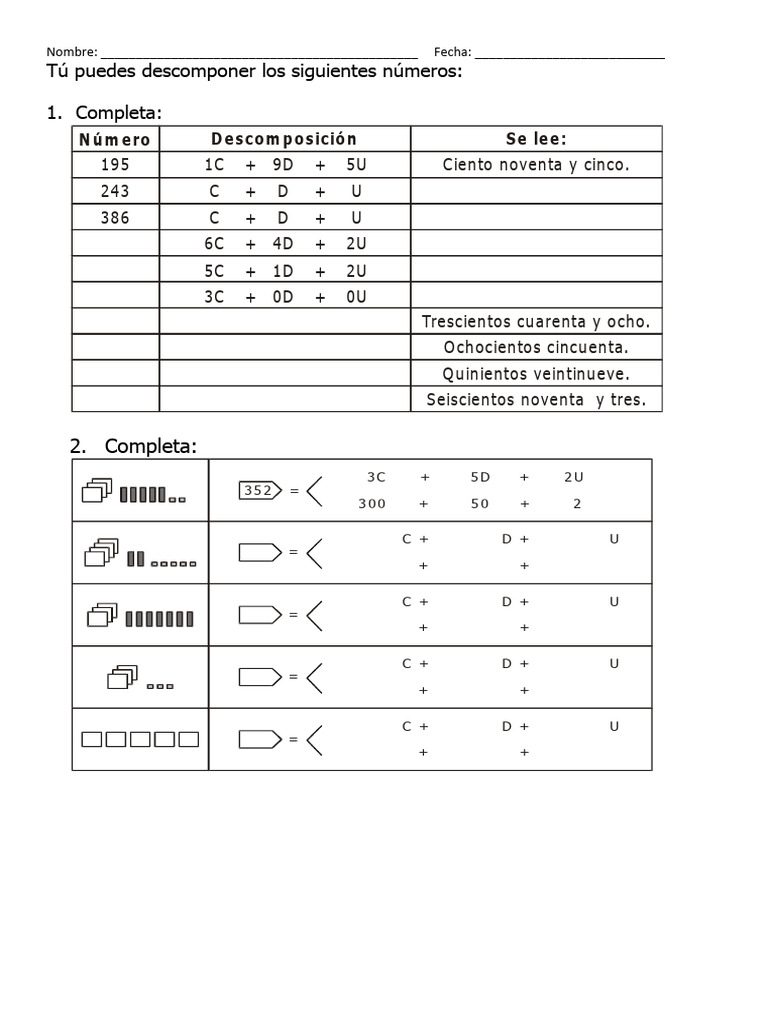 Ficha de Unidad Decena Centena para Segundo de Primaria | PDF