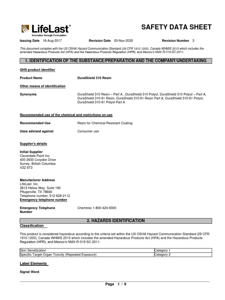 DuraShield 310 Polyol Canada SDS | PDF | Toxicity | Workplace