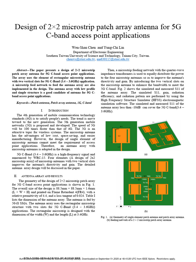 Design of 2x 2 Microstrip Patch Array Antenna For 5G C-Band Access Point Applications | PDF ...