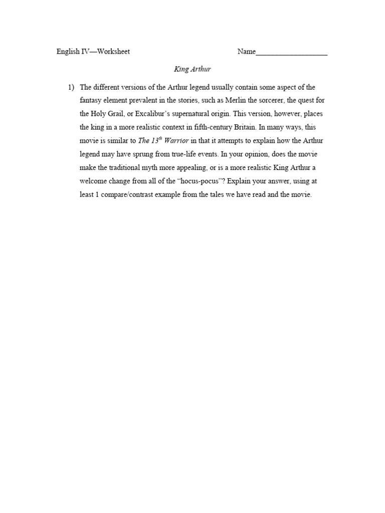 King Arthur Worksheet | PDF
