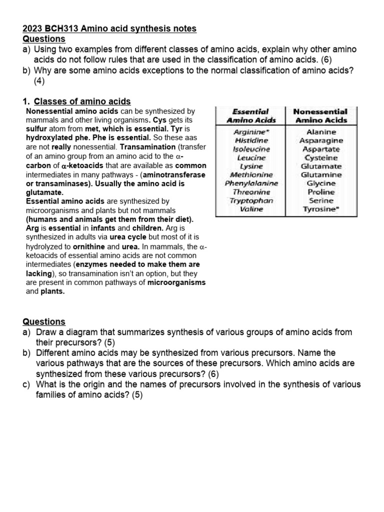2023 BCH313 Amino Acid Synthesis Notes | PDF | Amino Acid | Biosynthesis