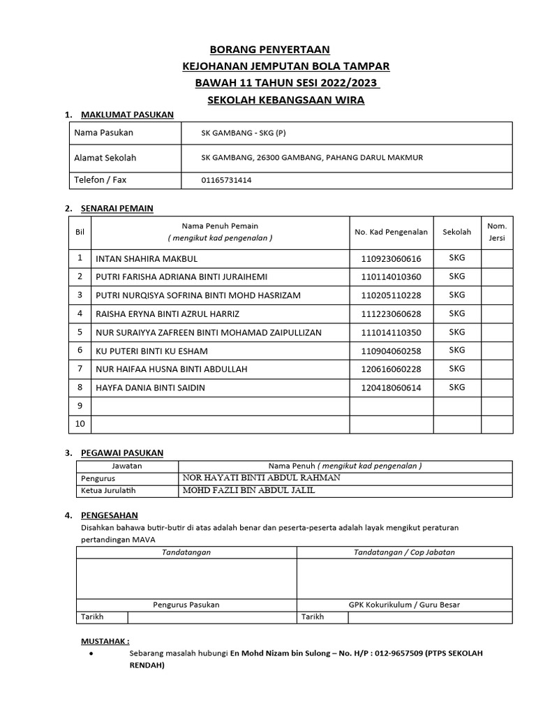 Borang Pendaftaran Pemain | PDF
