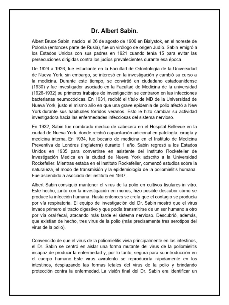 DR Albert Bruce Sabin Ensayo. | Descargar gratis PDF | Vacunas | Virus