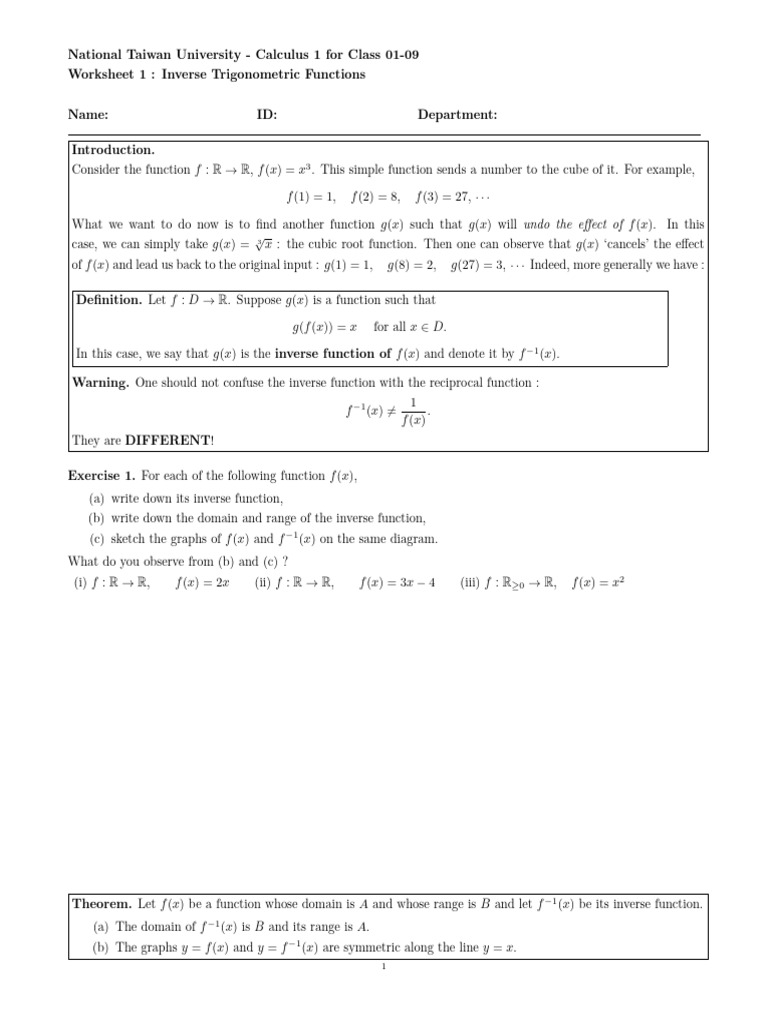 WS1-Inverse Trigonometric Functions | PDF | Function (Mathematics) | Trigonometric Functions