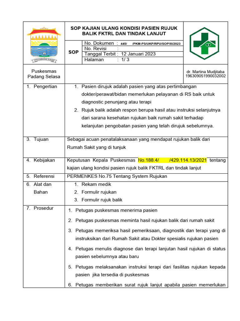 Sop Kajian Ulang Kondisi Pasien Rujuk Balik | PDF