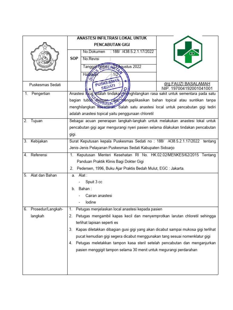 Prosedur Anastesi Lokal Pencabutan Gigi | PDF