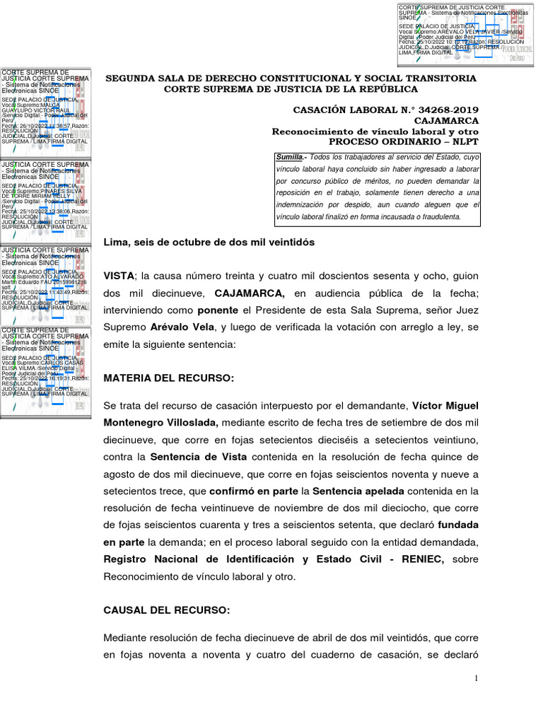 CASACIÓN LABORAL N.° 34268-2019 - Reconocimiento de Vinculo Laboral | PDF | Caso de ley | Precedente