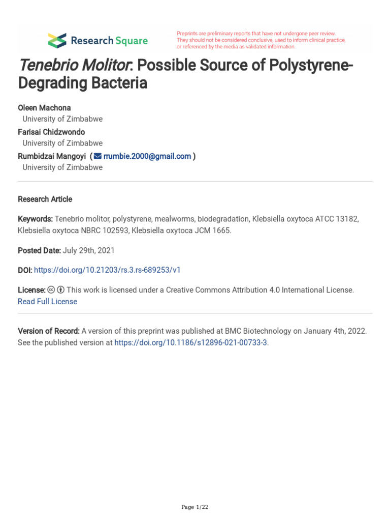 T Molitor PS Degrading Bacteria | Download Free PDF | Polymerase Chain Reaction | Gel ...