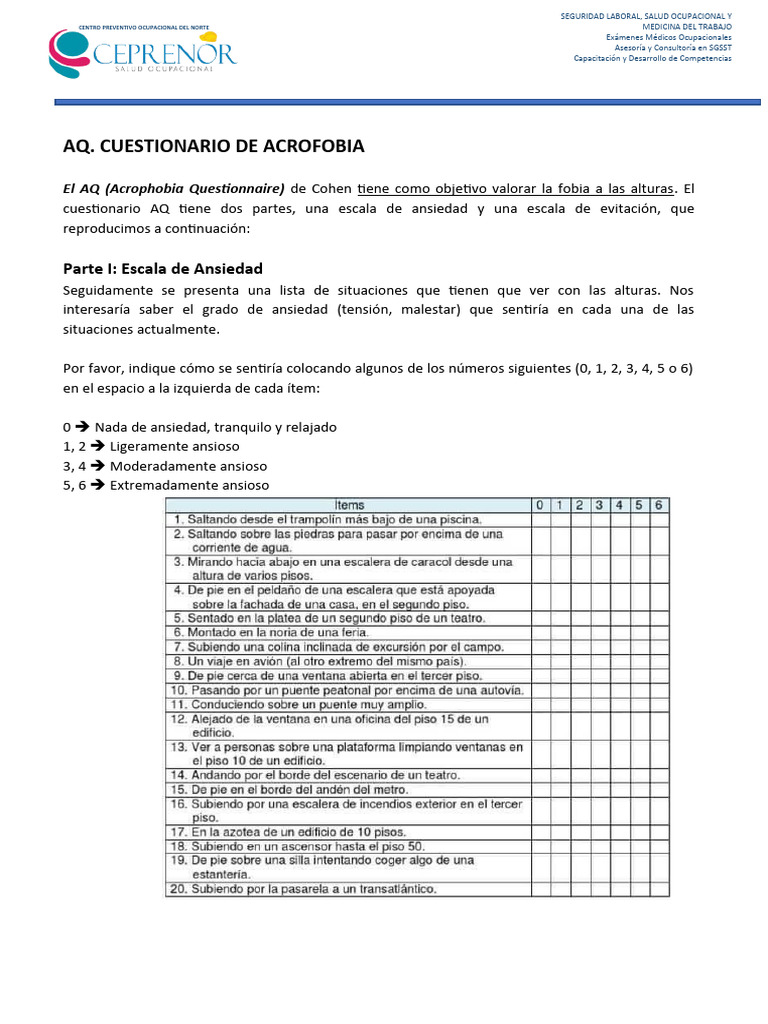 Cuestionario de Acrofobia - Miedo a Las Alturas | PDF | Ansiedad | Las ...