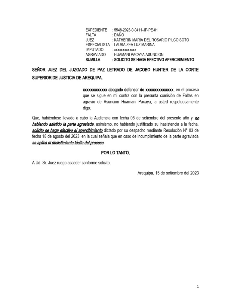 Modelo Escrito Solicito Haga Efectivo Apercibimiento de Inasistencia de ... Modelo Escrito Solicito Haga Efectivo Apercibimiento de Inasistencia de ...
