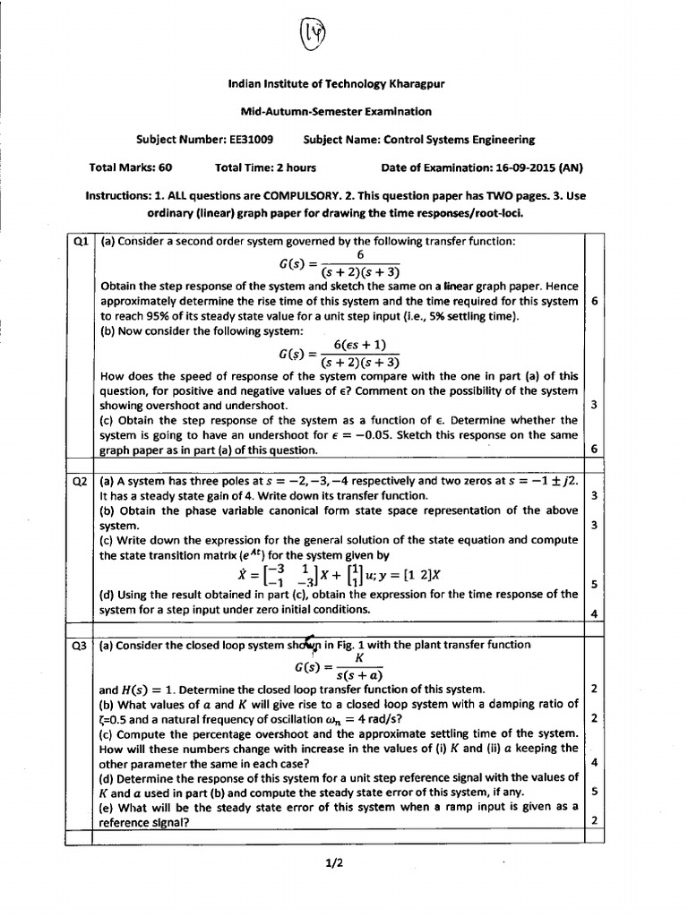 EE1009 Control Systems Engineering MA 2015 | PDF