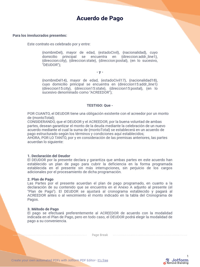 Plantilla para Acuerdo de Pago - Jotform PDF Editor | PDF | Pagos | Justicia